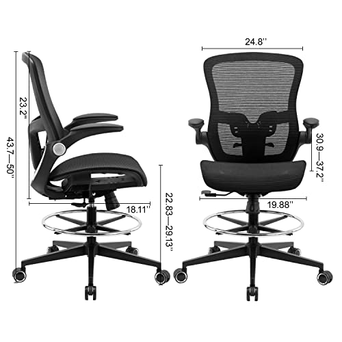 Mid-Back Ergonomic Drafting Chair,Mesh High Desk Chair,Counter Height Desk Chair,Tall Office Chair with Adjustable Foot Ring,Standing Desk Chair with Lumbar Support and PU Arms(Black)