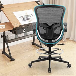 Mid-Back Ergonomic Drafting Chair,Mesh High Desk Chair,Counter Height Desk Chair,Tall Office Chair with Adjustable Foot Ring,Standing Desk Chair with Lumbar Support and PU Arms(Black)