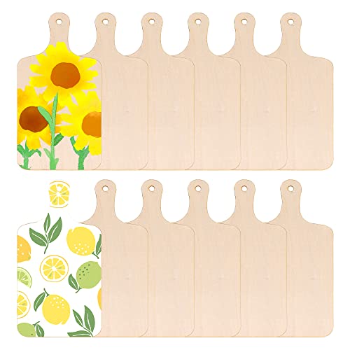 10 PCS Wood Craft Cutting Board Small Food Serving Board Unfinished Wooden Paddle DIY Cutouts with Handle for Painting Spring Summer DIY Crafts Kitchen Home Decor, 11.8 x 6.3 Inch