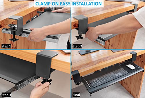 ErgoActive MDF Wooden Under Desk Keyboard Tray, Clamp On Easy Install, Includes Mouse Pad, Ergonomic Wood Keyboard Tray for Office, Home, School and Gaming (26.7" x 11")