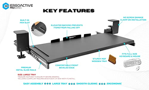 ErgoActive MDF Wooden Under Desk Keyboard Tray, Clamp On Easy Install, Includes Mouse Pad, Ergonomic Wood Keyboard Tray for Office, Home, School and Gaming (26.7" x 11")