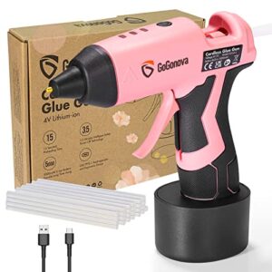 cordless hot glue gun, gogonova 15s fast preheating glue gun, 5ah built-in battery hot melt glue gun, smart power-off, kit with 25 pcs premium mini glue sticks and usb-c charging port(pink)