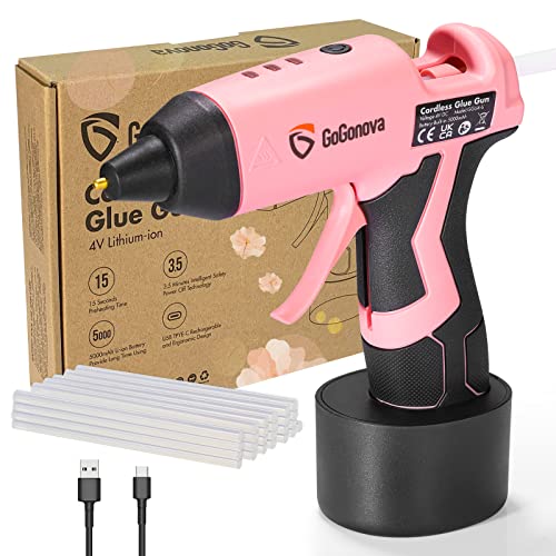 Cordless Hot Glue Gun, GoGonova 15s Fast Preheating Glue Gun, 5Ah Built-in Battery Hot Melt Glue Gun, Smart Power-Off, Kit with 25 Pcs Premium Mini Glue Sticks and USB-C Charging Port(Pink)