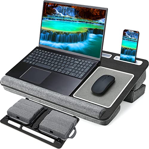 Lap Laptop Desk-Fits Up 17In Foldable Laptop Bed Tray Table with Adjustable Dual Cushion,Wrist Rest & Mouse Pad,Portable Wood Laptop Stand for Sofa Bed,Multifunctional Slot for Tablet & Phone (Black)