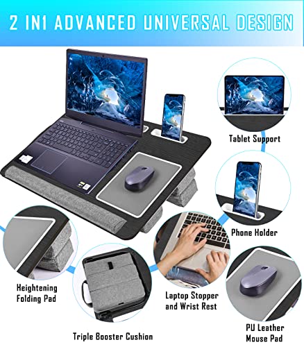 Lap Laptop Desk-Fits Up 17In Foldable Laptop Bed Tray Table with Adjustable Dual Cushion,Wrist Rest & Mouse Pad,Portable Wood Laptop Stand for Sofa Bed,Multifunctional Slot for Tablet & Phone (Black)