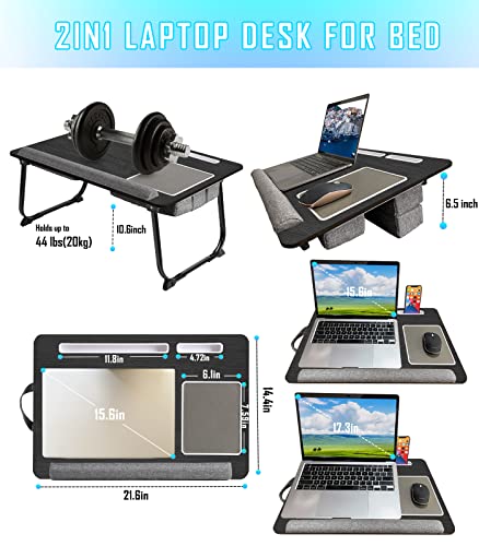 Lap Laptop Desk-Fits Up 17In Foldable Laptop Bed Tray Table with Adjustable Dual Cushion,Wrist Rest & Mouse Pad,Portable Wood Laptop Stand for Sofa Bed,Multifunctional Slot for Tablet & Phone (Black)