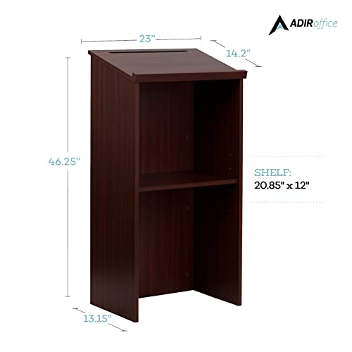 Adir Podium Wood Stand- Standing Desk for Speakers with Storage Shelf Used as Wooden Standing Shelf for Church, Classroom, Office, Restaurants (46.25 Inches, Mahogany)