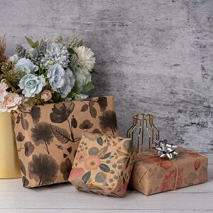 RUSPEPA Wrapping Paper Rolls with Tags and Jute String - 17 inches x 10 feet per Roll, Total of 3 Rolls, Flowers