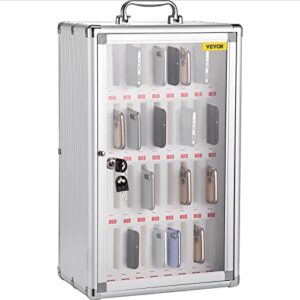 vevor 36 slots cell phone cabinet silver aluminum alloy pocket chart storage locker box w/portable handle, key lock & handwritten tags, wall mounted for classroom, office, gym