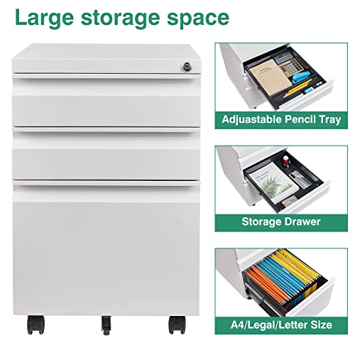 SISESOL 3 Drawer Mobile File Cabinet Under Desk Storage Drawers File Cabinets for Home Office, Office Organization File Cabinet with Lock Metal Filing Cabinet for Legal/Letter/a4 File with Slim Width