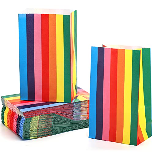 Cedilis 100 Pack Rainbow Party Favor Bags, Paper Goody Bag for Kids, Colorful Party Treat Bags for Chirstmas, Birthday, Baby Shower, Wedding, 5.1x 8.5 x 3.1IN