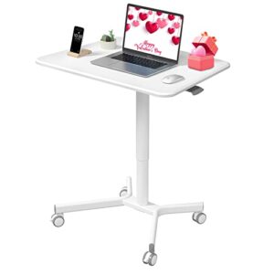 jylh joyseeker mobile standing desk, 28 inch height adjustable rolling laptop desk, pneumatic sit stand desk with lockable wheels, portable desk workstation for home office, white