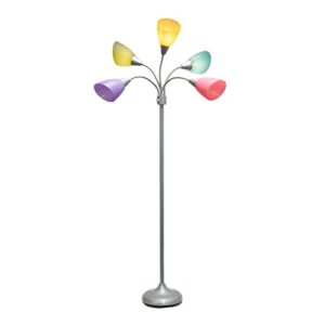 Simple Designs LF2006-SLM 67" Contemporary Multi Head Medusa 5 Light Adjustable Gooseneck Silver Floor Lamp with Fun Light Multicolored Shades for Kids Bedroom Playroom Living Room Office