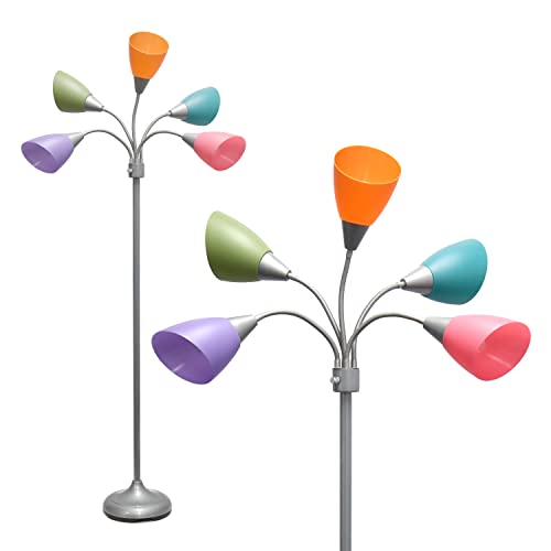 Simple Designs LF2006-SLM 67" Contemporary Multi Head Medusa 5 Light Adjustable Gooseneck Silver Floor Lamp with Fun Light Multicolored Shades for Kids Bedroom Playroom Living Room Office