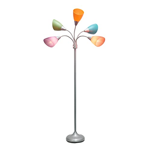 Simple Designs LF2006-SLM 67" Contemporary Multi Head Medusa 5 Light Adjustable Gooseneck Silver Floor Lamp with Fun Light Multicolored Shades for Kids Bedroom Playroom Living Room Office