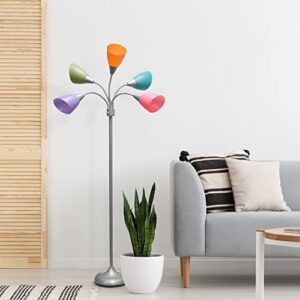 Simple Designs LF2006-SLM 67" Contemporary Multi Head Medusa 5 Light Adjustable Gooseneck Silver Floor Lamp with Fun Light Multicolored Shades for Kids Bedroom Playroom Living Room Office