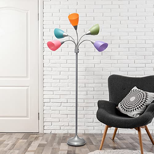 Simple Designs LF2006-SLM 67" Contemporary Multi Head Medusa 5 Light Adjustable Gooseneck Silver Floor Lamp with Fun Light Multicolored Shades for Kids Bedroom Playroom Living Room Office