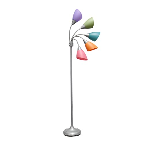 Simple Designs LF2006-SLM 67" Contemporary Multi Head Medusa 5 Light Adjustable Gooseneck Silver Floor Lamp with Fun Light Multicolored Shades for Kids Bedroom Playroom Living Room Office