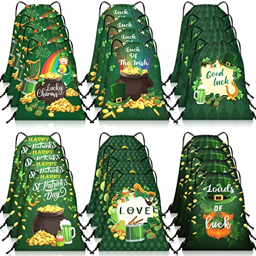 24 Pcs St. Patrick's Day Drawstring Bags Shamrock Backpack Irish Theme Gift Bags Clover Printed Storage Goody Bags Treat Candy Bags for St. Patrick's Party Traveling Outdoor Supply, 6 Designs