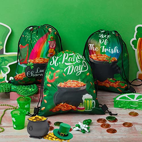 24 Pcs St. Patrick's Day Drawstring Bags Shamrock Backpack Irish Theme Gift Bags Clover Printed Storage Goody Bags Treat Candy Bags for St. Patrick's Party Traveling Outdoor Supply, 6 Designs