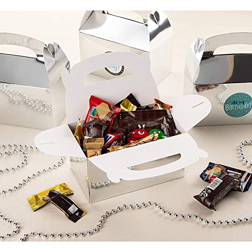 Juvale Party Treat Boxes - 24-Pack Silver Metallic Foil Gable Gift Boxes for Party Favors, Small Goodie Candy Boxes for Wedding, Birthday, Silver, 6.2 x 3.6 x 3.4 Inches