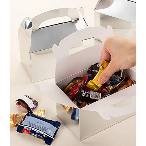 Juvale Party Treat Boxes - 24-Pack Silver Metallic Foil Gable Gift Boxes for Party Favors, Small Goodie Candy Boxes for Wedding, Birthday, Silver, 6.2 x 3.6 x 3.4 Inches