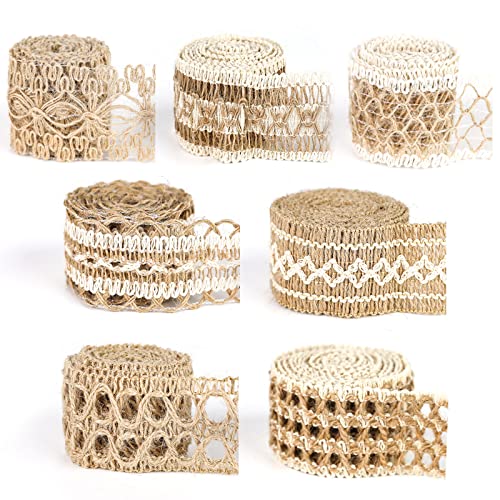 7 Rolls 14 Yards Burlap Lace Jute Ribbon for Crafts, Christmas Ribbon for Gift Wrapping, Burlap Ribbon for Holiday Party Wedding Invitations Flowers Bouquets Rustic Home Decorations