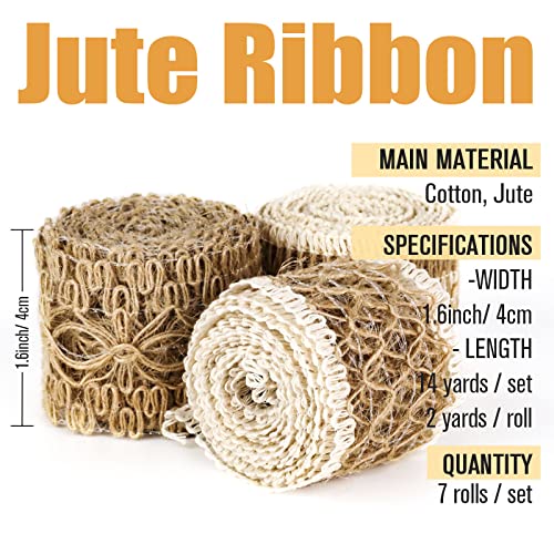 7 Rolls 14 Yards Burlap Lace Jute Ribbon for Crafts, Christmas Ribbon for Gift Wrapping, Burlap Ribbon for Holiday Party Wedding Invitations Flowers Bouquets Rustic Home Decorations