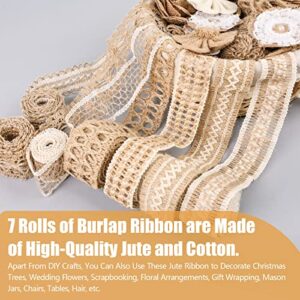 7 Rolls 14 Yards Burlap Lace Jute Ribbon for Crafts, Christmas Ribbon for Gift Wrapping, Burlap Ribbon for Holiday Party Wedding Invitations Flowers Bouquets Rustic Home Decorations