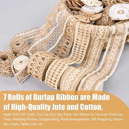 7 Rolls 14 Yards Burlap Lace Jute Ribbon for Crafts, Christmas Ribbon for Gift Wrapping, Burlap Ribbon for Holiday Party Wedding Invitations Flowers Bouquets Rustic Home Decorations