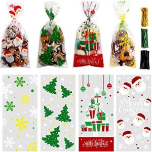 LOKIPA 200 Pcs Christmas Cellophane Treat Bags, Xmas Clear Cello Gift Bags Candy Goodies Bags with Twist Ties for Christmas Party Supplies