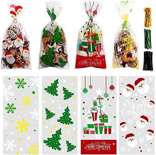 LOKIPA 200 Pcs Christmas Cellophane Treat Bags, Xmas Clear Cello Gift Bags Candy Goodies Bags with Twist Ties for Christmas Party Supplies