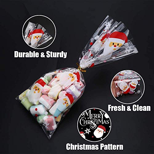 LOKIPA 200 Pcs Christmas Cellophane Treat Bags, Xmas Clear Cello Gift Bags Candy Goodies Bags with Twist Ties for Christmas Party Supplies