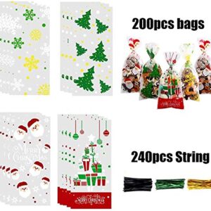 LOKIPA 200 Pcs Christmas Cellophane Treat Bags, Xmas Clear Cello Gift Bags Candy Goodies Bags with Twist Ties for Christmas Party Supplies