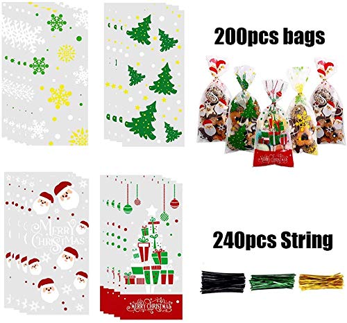 LOKIPA 200 Pcs Christmas Cellophane Treat Bags, Xmas Clear Cello Gift Bags Candy Goodies Bags with Twist Ties for Christmas Party Supplies