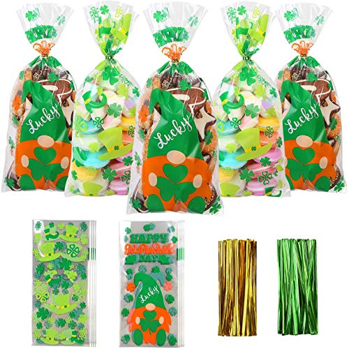 DERAYEE St. Patrick Day Cellophane Treat Bags, 160Pcs Clear Candy Goody Gift Bags with Twist Ties Lucky Shamrock Leprechaun Hat