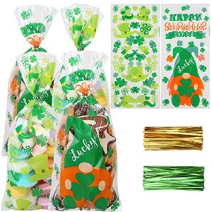 DERAYEE St. Patrick Day Cellophane Treat Bags, 160Pcs Clear Candy Goody Gift Bags with Twist Ties Lucky Shamrock Leprechaun Hat