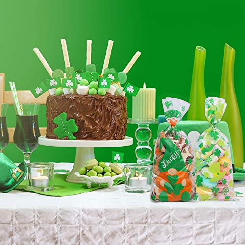 DERAYEE St. Patrick Day Cellophane Treat Bags, 160Pcs Clear Candy Goody Gift Bags with Twist Ties Lucky Shamrock Leprechaun Hat