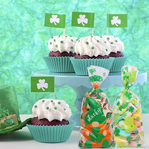 DERAYEE St. Patrick Day Cellophane Treat Bags, 160Pcs Clear Candy Goody Gift Bags with Twist Ties Lucky Shamrock Leprechaun Hat