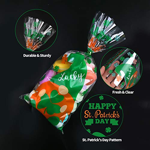 DERAYEE St. Patrick Day Cellophane Treat Bags, 160Pcs Clear Candy Goody Gift Bags with Twist Ties Lucky Shamrock Leprechaun Hat