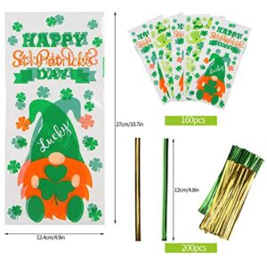 DERAYEE St. Patrick Day Cellophane Treat Bags, 160Pcs Clear Candy Goody Gift Bags with Twist Ties Lucky Shamrock Leprechaun Hat