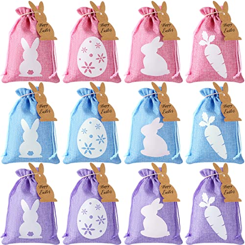 24 Pcs Easter Burlap Drawstring Bags Easter Burlap Bags with Drawstrings Bunny Linen Goody Gift Bags with Double Jute Drawstrings Easter Bags Burlap Easter Bunny Bags for Easter Party (Bright Style)