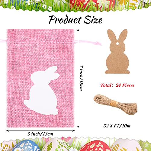 24 Pcs Easter Burlap Drawstring Bags Easter Burlap Bags with Drawstrings Bunny Linen Goody Gift Bags with Double Jute Drawstrings Easter Bags Burlap Easter Bunny Bags for Easter Party (Bright Style)