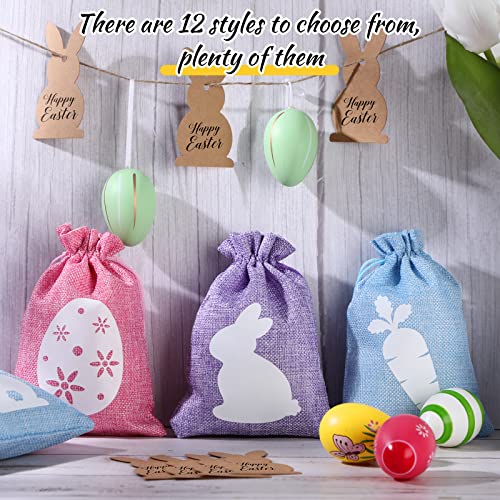 24 Pcs Easter Burlap Drawstring Bags Easter Burlap Bags with Drawstrings Bunny Linen Goody Gift Bags with Double Jute Drawstrings Easter Bags Burlap Easter Bunny Bags for Easter Party (Bright Style)