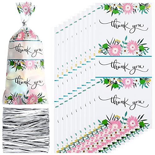 Zonon 100 Pieces Thank You Cellophane Bags Blessing Treat Bags Flower Pattern Cello Treat Party Bags with 150 Pieces Silvery Twist Ties