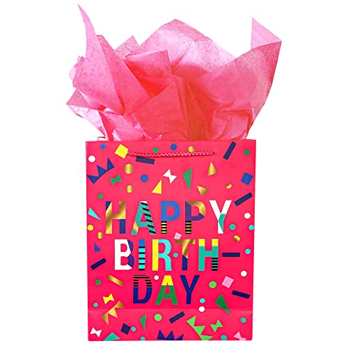 Progibbs LLC Gift Bag with Card and Tissue Paper (Pink) - Birthday Gift Bag for Presents - Party Bag with Handles for Birthday,Kids,Wedding,Celebrations,Baby Shower