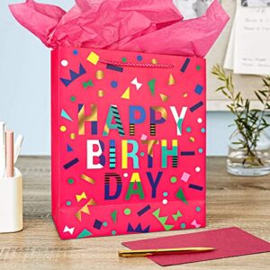 Progibbs LLC Gift Bag with Card and Tissue Paper (Pink) - Birthday Gift Bag for Presents - Party Bag with Handles for Birthday,Kids,Wedding,Celebrations,Baby Shower