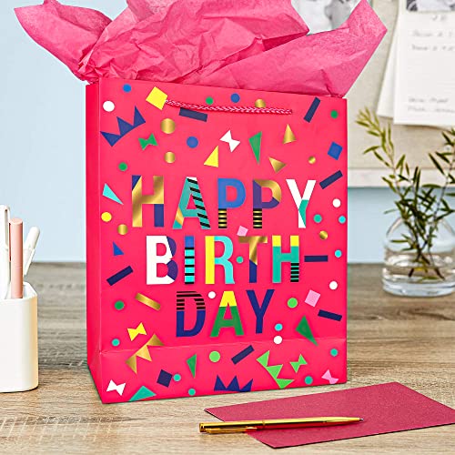 Progibbs LLC Gift Bag with Card and Tissue Paper (Pink) - Birthday Gift Bag for Presents - Party Bag with Handles for Birthday,Kids,Wedding,Celebrations,Baby Shower