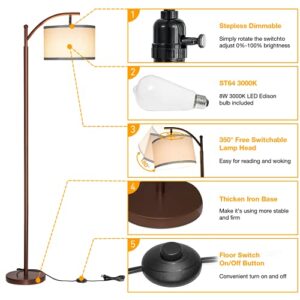 Fully Dimmable Floor Lamp Modern Standing Lamp with Dimmer Tall Pole Lamp with Adjustable Lamp Head Brown Floor Lamp with Hanging Shade Reading Standing Light for Living Room ,Bedroom 8W Bulb Included