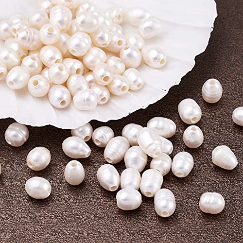 Beadthoven 100pcs 7-10mm Natural Oval Freshwater Pearl Beads 1.8mm Big Large Hole Rice Shape Pearls for Leather Cord Beading Jewelry Making DIY Crafts (White)